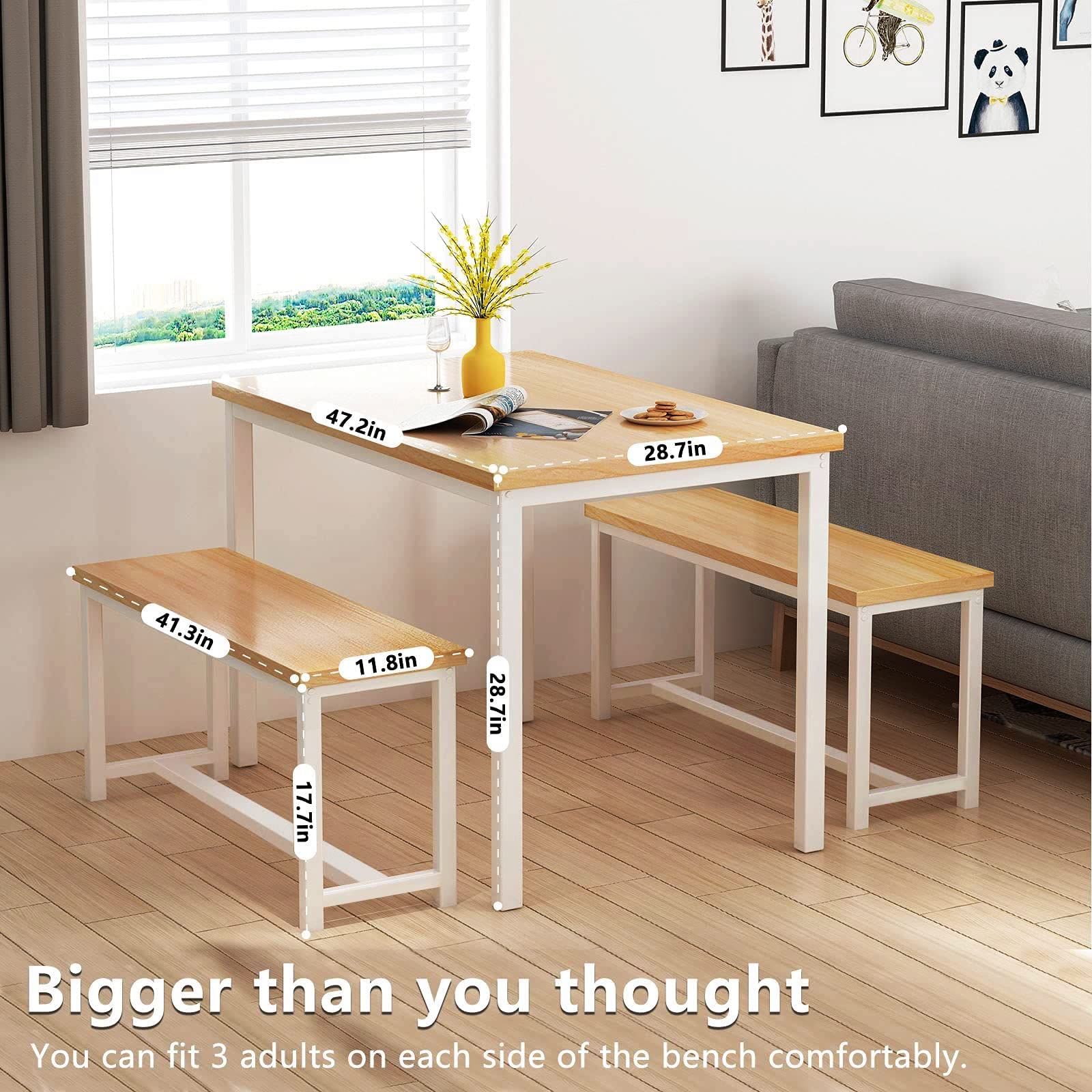 AWQM Dining Room Table Set, Kitchen Table Set with 2 Benches, Ideal for Home, Kitchen and Dining Room, Breakfast Table of 47.2x28.7x28.7 inches, Benches of 41.3x11.8x17.7 inches, Beige