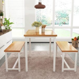 AWQM Dining Room Table Set, Kitchen Table Set with 2 Benches, Ideal for Home, Kitchen and Dining Room, Breakfast Table of 47.2x28.7x28.7 inches, Benches of 41.3x11.8x17.7 inches, Beige