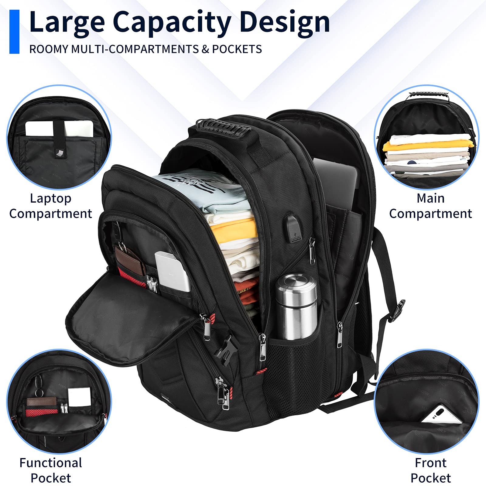 Laptop Backpack with Cable Organizers Extra Large 17 Inch Travel Backpack Anti Theft College Business Mens Backpacks with USB Charging Port 17.3 Gaming Computer Backpack for Women Men Black 45L