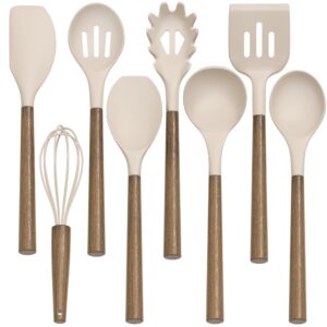 silicone kitchen cooking utensil set, 9pcs kitchen utensils spatula set with wooden handle for nonstick cookware, 446°f heat resistant silicone kitchen gadgets utensil set with large holder（khaki）