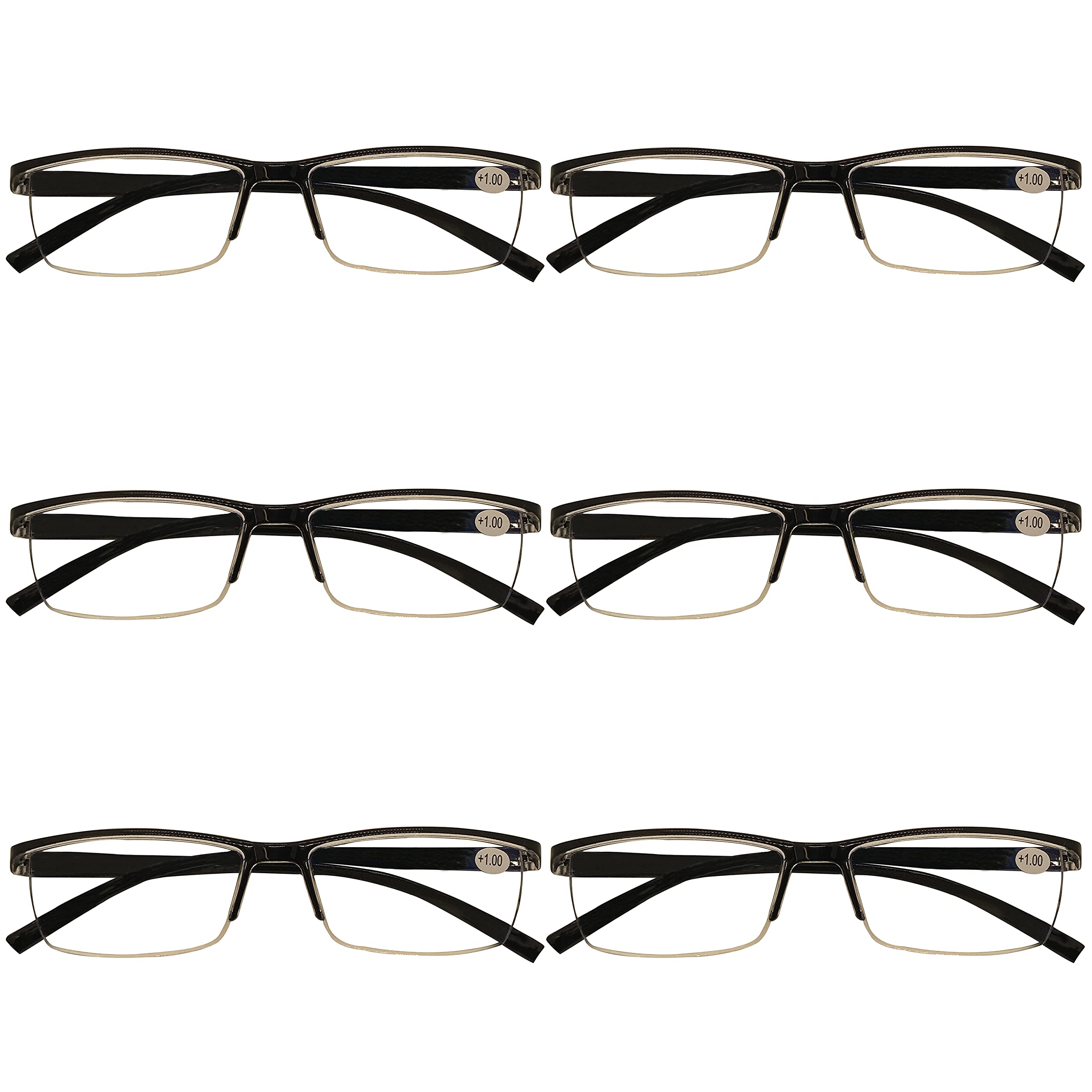 B and Q 6 Pack Mens Rectangular Half Frame Blue Light Blocking Reading Glasses Black Spring Hinge Readers (BQ8008 BK x 6, 1.50) 1.5