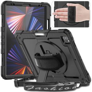 timecity protective case for ipad pro 12.9 inch 6th/ 5th/ 4th/ 3rd generation, with strong protection, screen protector, hand/shoulder strap, rotating stand, pencil holder - black