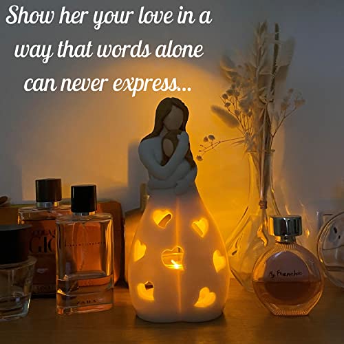 Gifts for Mom from Daughter, Mothers Day Present - Candleholder Statue W/Flickering LED - Birthday Gift for Daughters, Christmas Moms Unique Gift Ideas, Greeting Card, Seasonal Décor (Light Brown)