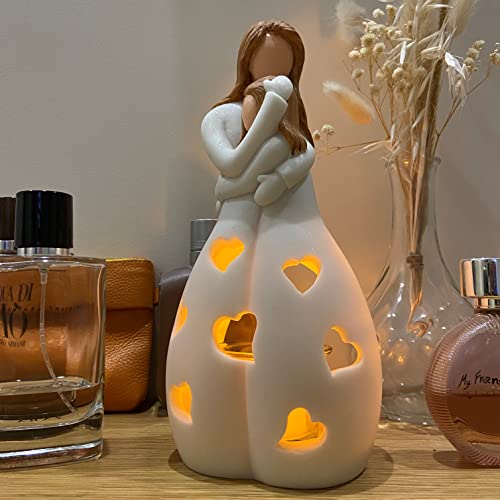 Gifts for Mom from Daughter, Mothers Day Present - Candleholder Statue W/Flickering LED - Birthday Gift for Daughters, Christmas Moms Unique Gift Ideas, Greeting Card, Seasonal Décor (Light Brown)