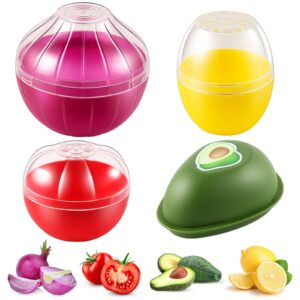 vegetable and fruit storage containers for fridge, 4 pcs bpa free reusable food saver - tomato, avocado, onion, lemon keeper holder - refrigerator vegetable crisper makes food stays fresh longer