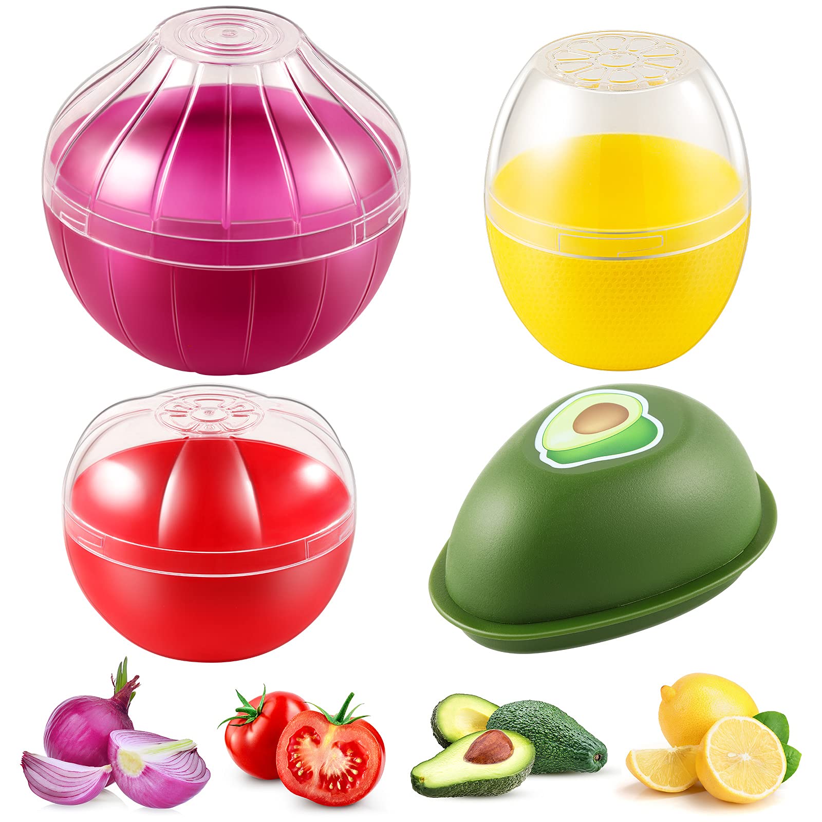 Vegetable and Fruit Storage Containers for Fridge, 4 Pcs BPA Free Reusable Food Saver - Tomato, Avocado, Onion, Lemon Keeper Holder - Refrigerator Vegetable Crisper Makes Food Stays Fresh Longer