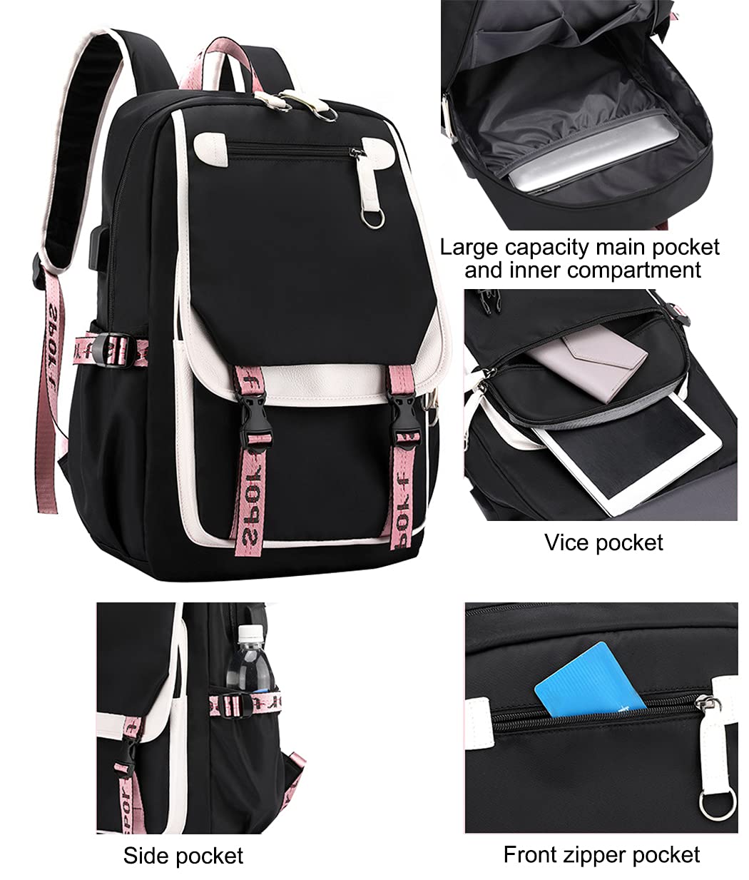 JiaYou Teenage Girls' Backpack Middle School Students Bookbag Outdoor Daypack with USB Charge Port (21 Liters, White Black)