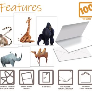 Better Office Products 100-Pack All Occasion Greeting Cards, Assorted Blank Note Cards, 4 x 6 inch, 10 Cute & Fun Wild Animal Designs, Blank Inside, with Envelopes, 100 Pack