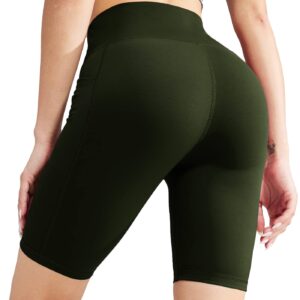 MIER Women's High Waist Yoga Compression Shorts Stretch Biker Shorts with Side Pockets, Tummy Control, 8 Inch, Army Green, L