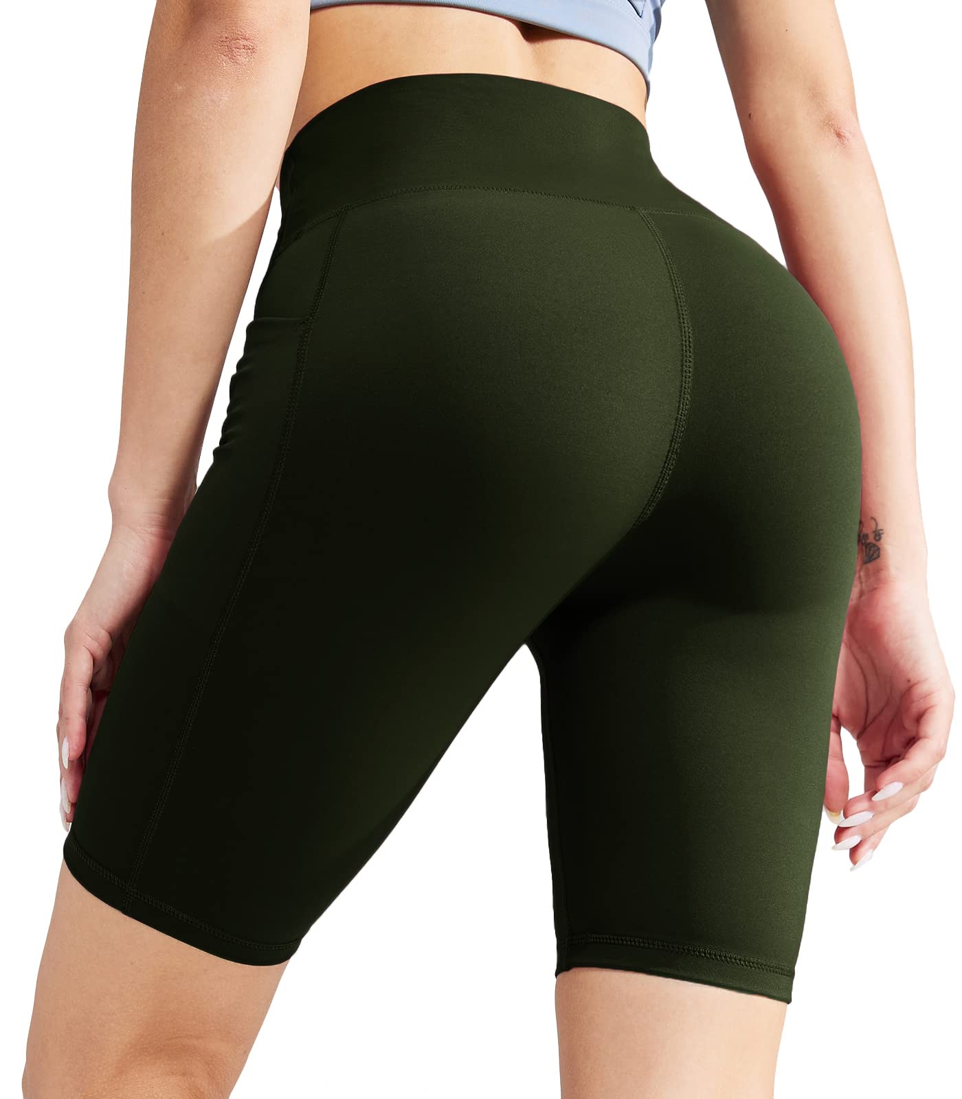 MIER Women's High Waist Yoga Compression Shorts Stretch Biker Shorts with Side Pockets, Tummy Control, 8 Inch, Army Green, L