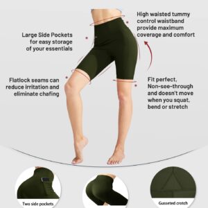 MIER Women's High Waist Yoga Compression Shorts Stretch Biker Shorts with Side Pockets, Tummy Control, 8 Inch, Army Green, L