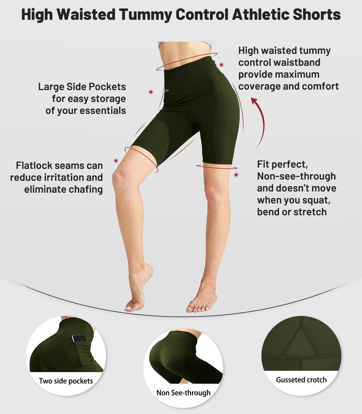 MIER Women's High Waist Yoga Compression Shorts Stretch Biker Shorts with Side Pockets, Tummy Control, 8 Inch, Army Green, L