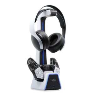 tilted nation headset and controller stand - ps4/ps5 headset stand with wireless controller charger - gaming headphone and controller holder for desk, pc - white