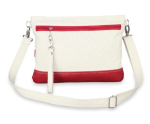 natural cotton crossbody wristlet clutch eco-friendly vegan faux leather bag phone tablet case detachable strap unbleached raw canvas fabric (red)