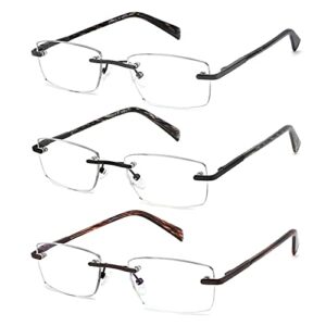 jjwell 3 pack reading glasses for men blue light blocking, lightweight rimless metal mens eyeglasses readers, anti eyestrain/dryness/computer glare/uv 400, spring hinge eyeglasses(200 strength)