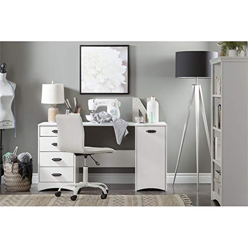 BOWERY HILL Multi-purpose Crafting Table with 4 Drawers and Large Sliding Hidden Storage Shelf, Modern Sewing Table with Scratch Proof Table Top, White