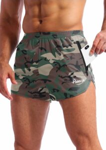 pudolla men’s running shorts 3 inch quick dry gym athletic workout shorts for men with zipper pockets(camo green medium)