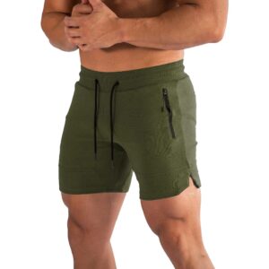 pidogym men's 5" gym workout shorts,fitted jogging short pants for bodybuilding running training with zipper pockets army green