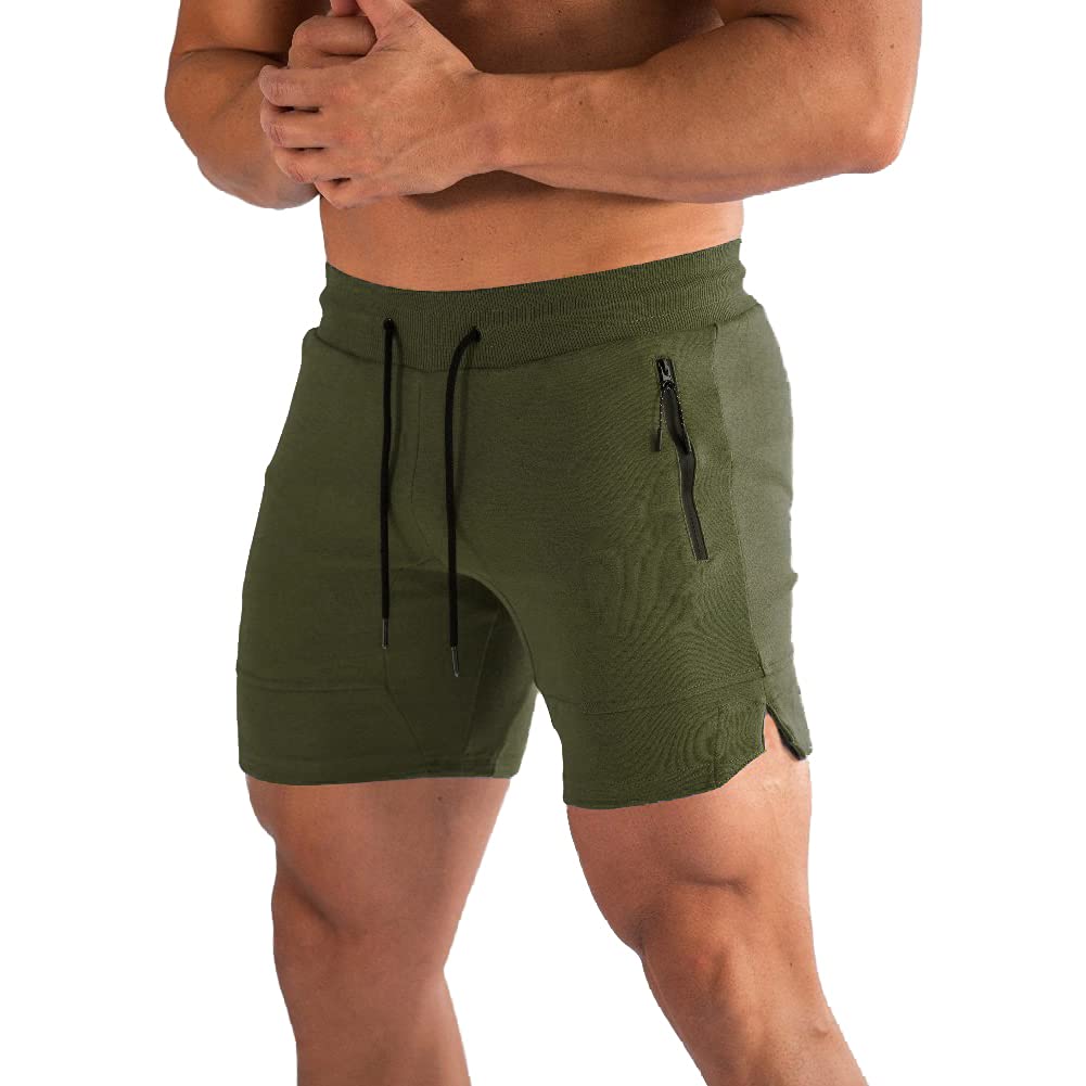 PIDOGYM Men's 5" Gym Workout Shorts,Fitted Jogging Short Pants for Bodybuilding Running Training with Zipper Pockets Army Green