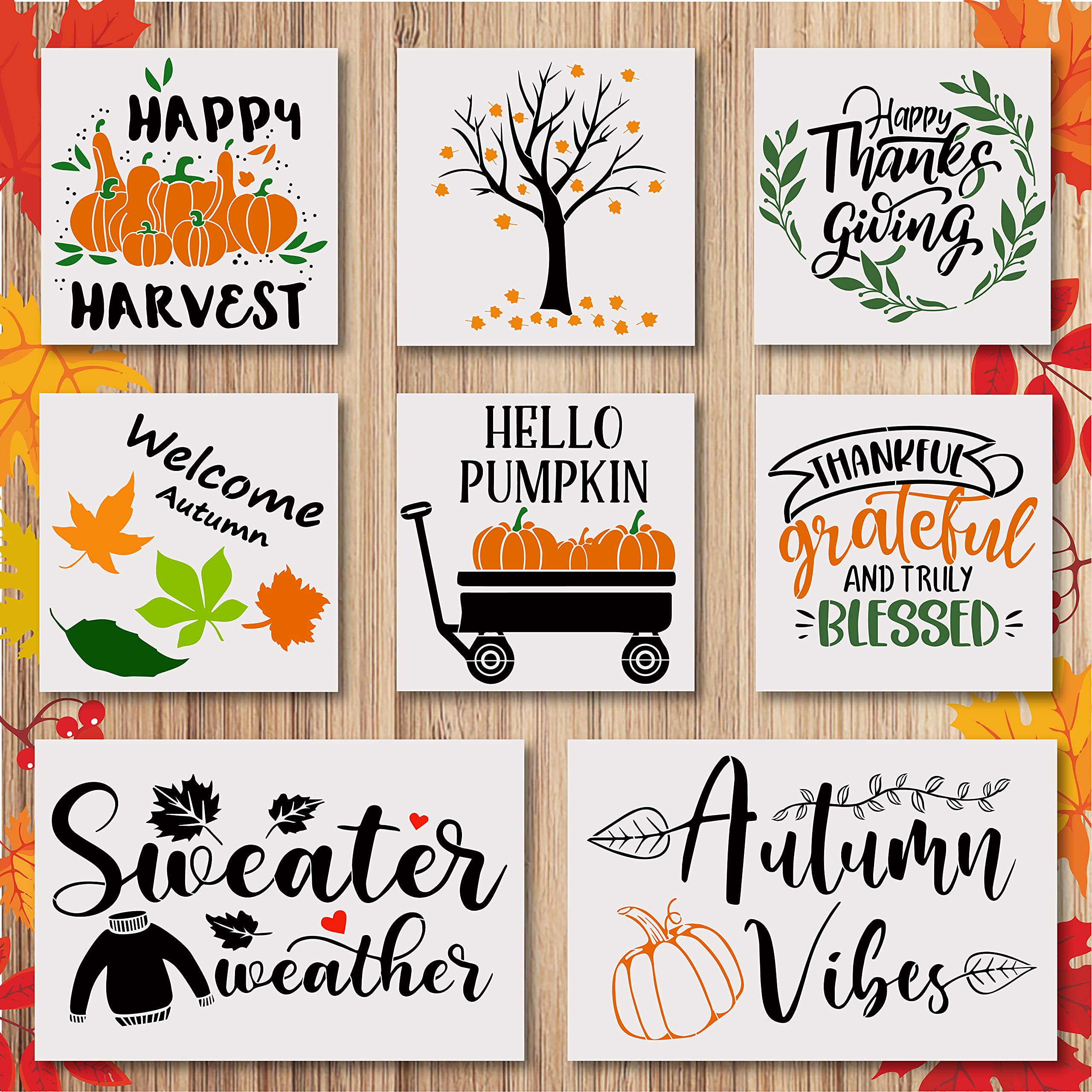 8 PCS Fall Autumn Stencils for Painting on Wood Wall, Fall Theme Pattern Templates for DIY Home Fall Farmhouse Decorations, Paint Wood Signs, Reusable Plastic Stencil