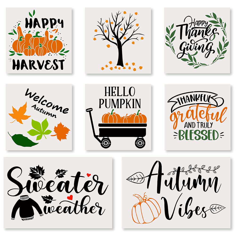 8 PCS Fall Autumn Stencils for Painting on Wood Wall, Fall Theme Pattern Templates for DIY Home Fall Farmhouse Decorations, Paint Wood Signs, Reusable Plastic Stencil