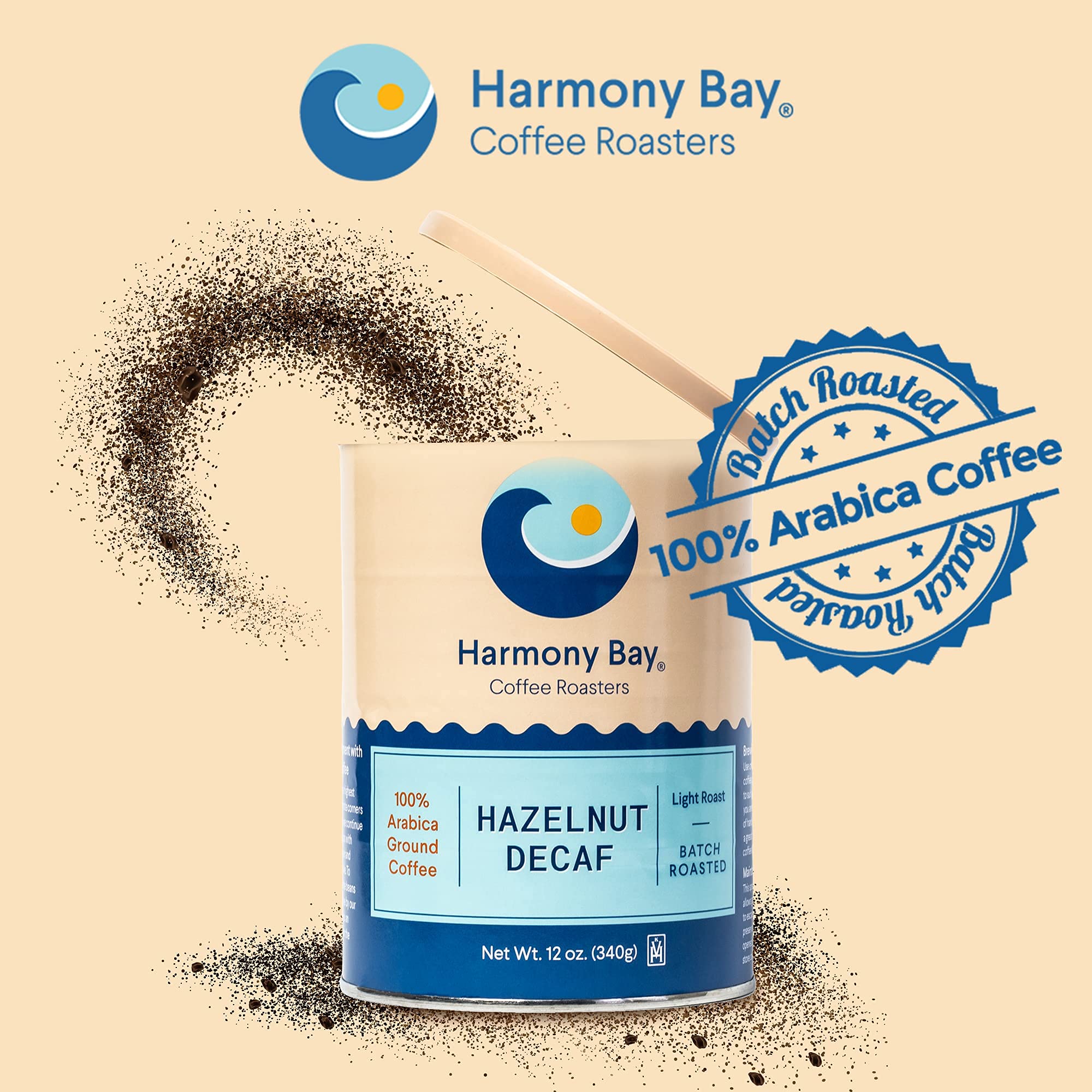 Harmony Bay Decaf Hazelnut Flavored Coffee - 100% Arabica Gourmet Ground Decaffeinated Coffee - Light Roast - Small Batch Roasted - Aromatic Nutty Flavored Coffee - 12 oz Can (Pack of 6)