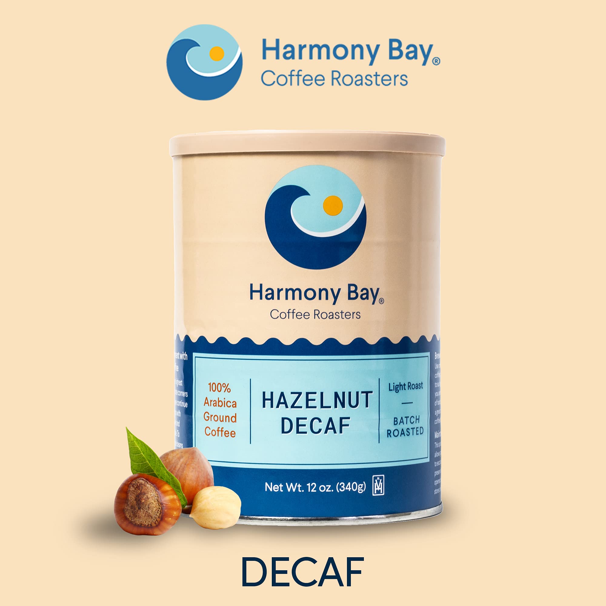 Harmony Bay Decaf Hazelnut Flavored Coffee - 100% Arabica Gourmet Ground Decaffeinated Coffee - Light Roast - Small Batch Roasted - Aromatic Nutty Flavored Coffee - 12 oz Can (Pack of 6)