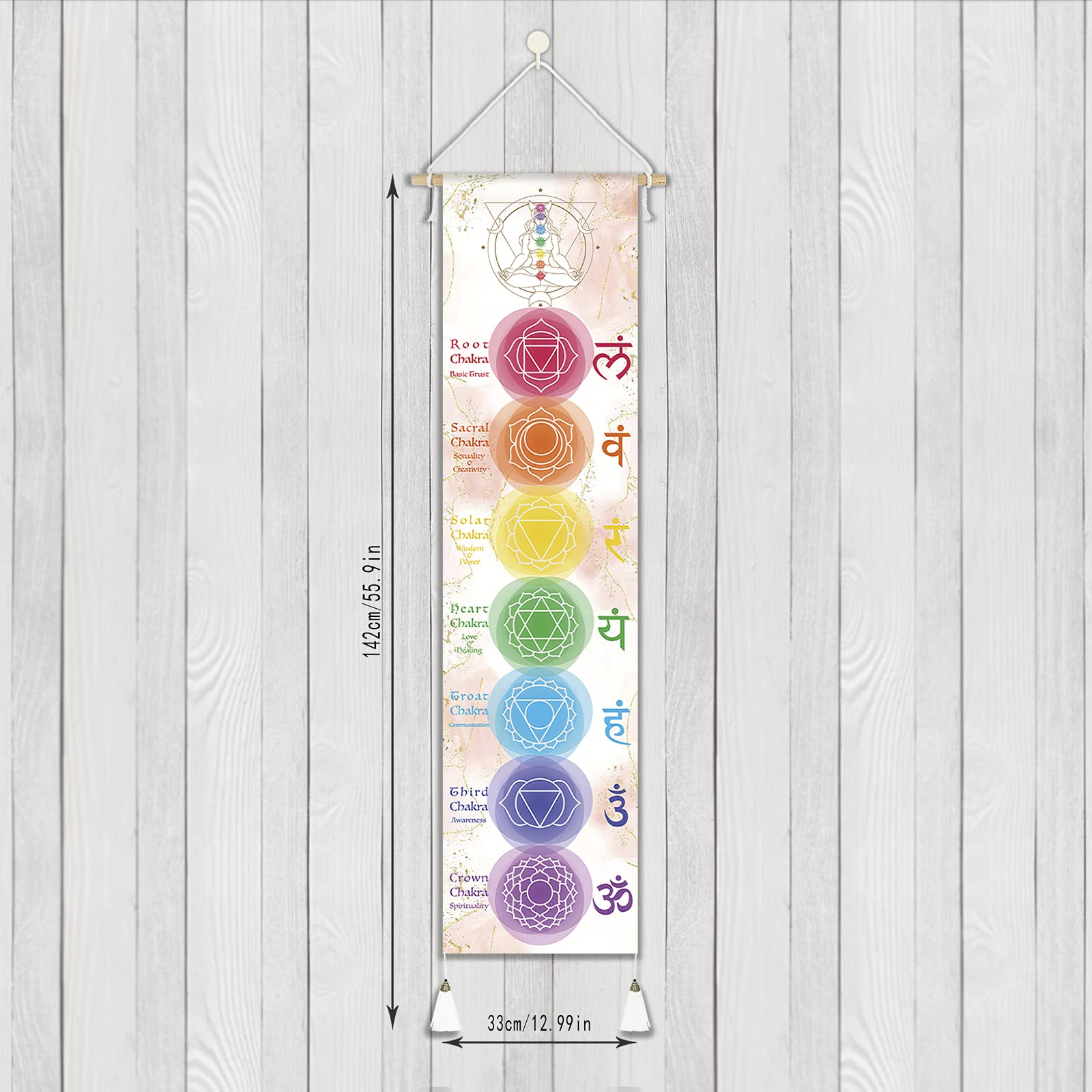 DigiTizerArt Hanging Poster Canvas Wall Art Banner for Meditation 7 Chakras Yoga Painting | Wall Hanging Tapestry Decoration Black and White | 33 x 135 cm (White)