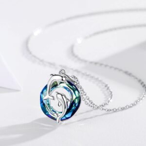 Dolphin Necklace 925 Sterling Silver Mothers Day Gifts For Women Necklace Chains (Blue Crystal Dolphin Necklace)