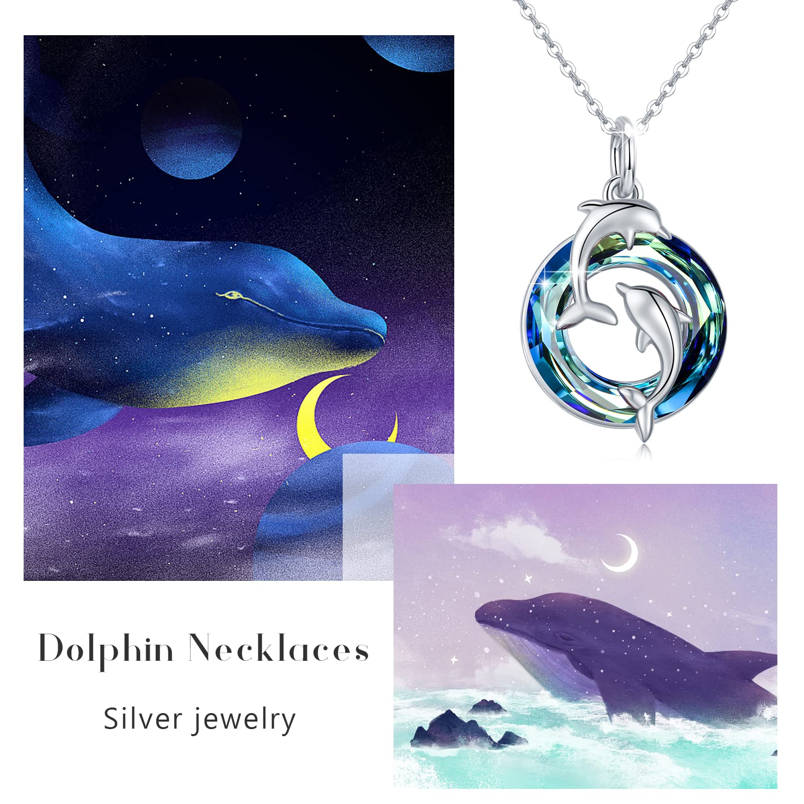 Dolphin Necklace 925 Sterling Silver Mothers Day Gifts For Women Necklace Chains (Blue Crystal Dolphin Necklace)