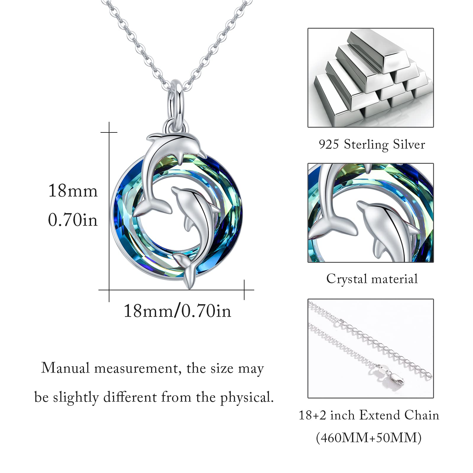 Dolphin Necklace 925 Sterling Silver Mothers Day Gifts For Women Necklace Chains (Blue Crystal Dolphin Necklace)