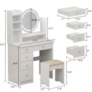 FUFU&GAGA Vanity Set with Round Mirror, Makeup Vanity Dressing Table with 5 Drawers, Shelves, Dresser Desk and Cushioned Stool Set (White/Lighted Mirror)