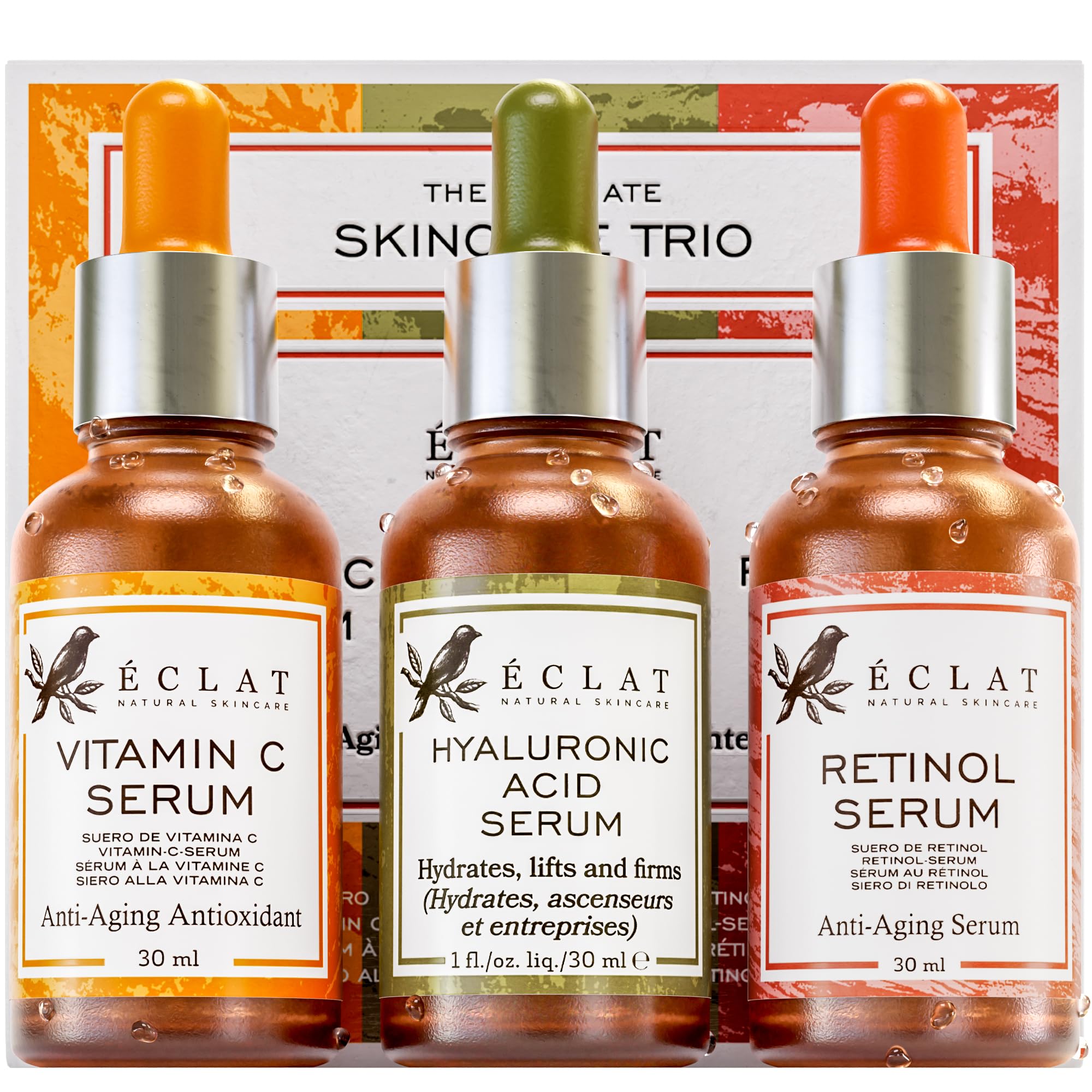 Eclat Skincare 3-Pack Face Serums - Vitamin C, Hyaluronic Acid, Retinol for Anti-Aging, Hydrating Care