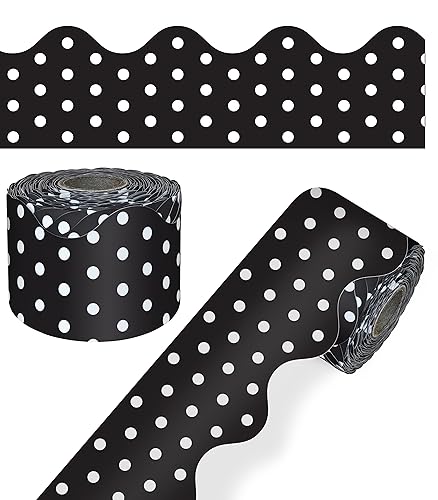 Carson Dellosa 65 Feet Black and White Polka Dots Bulletin Board Borders, Scalloped Border Trim, Rolled Classroom Borders for Bulletin Board, White Board, Cork Board, Black and White Classroom Décor