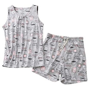 lu's chic women's short pajama set cute 2 piece sleepwear cotton print sleeveless loungewear summer drawstring pleated tank crew neck grey cup large