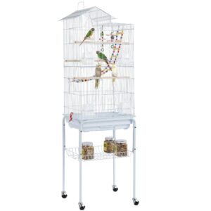 yaheetech 62.4-inch roof top flight bird cage for parakeets cockatiels conures finches lovebirds canaries budgies small parrots, large birdcage with detachable rolling stand, white