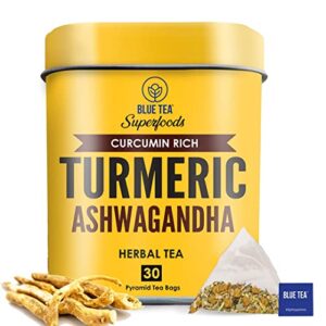 blue tea - turmeric ashwagandha tea - 30 plant based tea bags | prime saving day | ayurvedic blend | turmeric tea - high in curcumin - caffeine free | non-gmo - vegan - gluten free | reusable tin pack