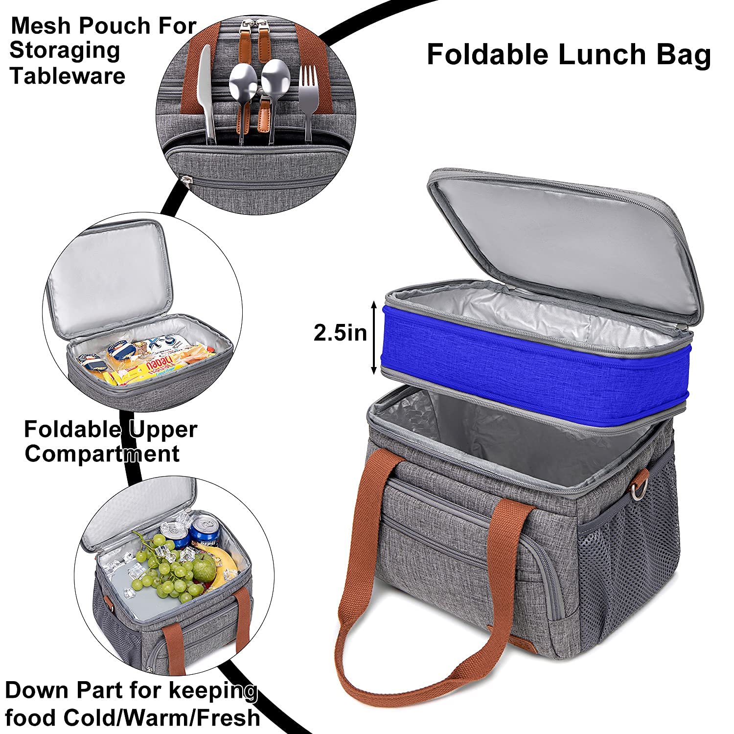 Weitars Lunch Bag for Women Men, Loncheras Para Mujer Dual Compartment Waterproof Reusable Large Lunch Box Wide-Open Cooler Tote Bag For Working Picnic Hiking (15L) (Gray(kahki))