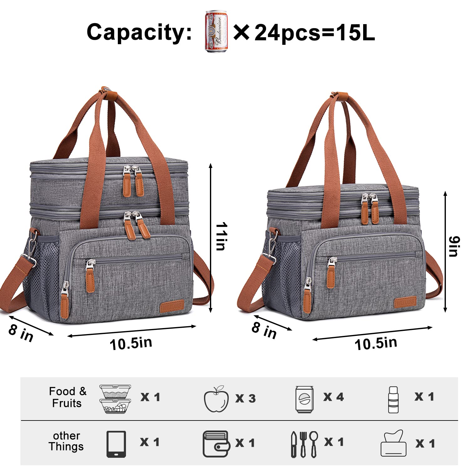 Weitars Lunch Bag for Women Men, Loncheras Para Mujer Dual Compartment Waterproof Reusable Large Lunch Box Wide-Open Cooler Tote Bag For Working Picnic Hiking (15L) (Gray(kahki))