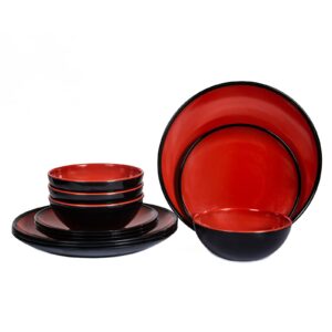 melamine dinnerware set - 12pcs dinnerware set indoor and outdoor use, plates and bowls set for 4, two-color design dishes, dishwasher safe (red+black)