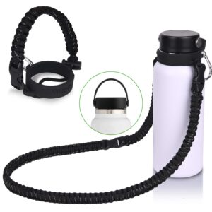 wongeto 2.0 paracord handle with shoulder strap compatible with hydro flask 2.0 wide mouth water bottle 12oz to 64oz-water bottle strap carrier for gym school running walking camping (black)