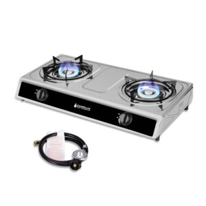 camplux camping stove 2 burners 19,600 btu, stainless steel gas stove with auto ignition