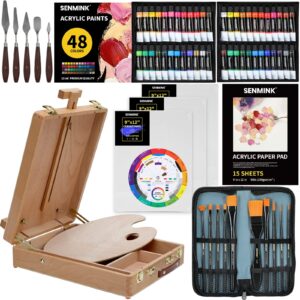 69 pcs artists painting set with wood box easel，48×12ml acrylic painting set, canvas 9x12 inches, wood palette, palette knife art supplies, paint set for adults beginners