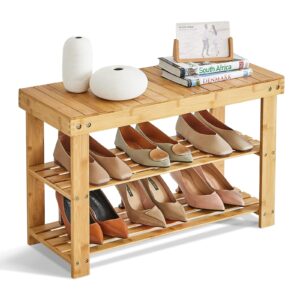 ghwie 3-tier shoe rack bench, natural bamboo, easy assembly, sturdy, eco-friendly, intimate design, space saving, 100% money-back guarantee