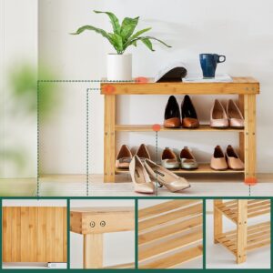 GHWIE 3-Tier Shoe Rack Bench, Natural Bamboo, Easy Assembly, Sturdy, Eco-Friendly, Intimate Design, Space Saving, 100% Money-Back Guarantee