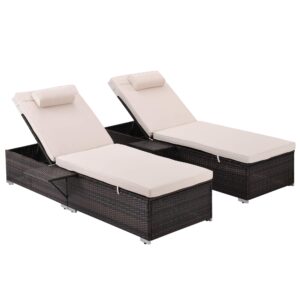 outdoor lounge chairs set of 2, pe wicker chaise patio brown rattan reclining chair furniture set beach pool adjustable backrest recliners with side table head pillow (white)