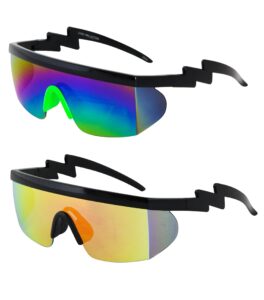 flawless eyewear semi rimless goggle style retro rainbow mirrored lens zigzag sunglasses (2 pack: rainbowgreen and blackorange)