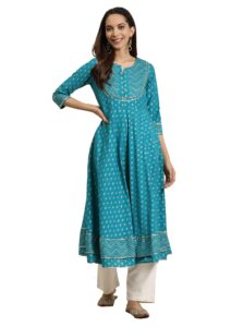 yash gallery women's cotton blend floral print anarkali kurta (blue)