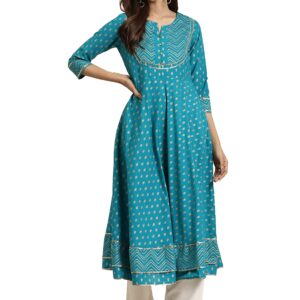 Yash Gallery Women's Cotton Blend Floral Print Anarkali Kurta (Blue)