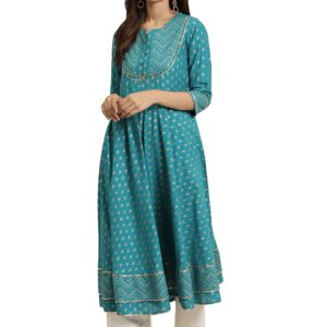 Yash Gallery Women's Cotton Blend Floral Print Anarkali Kurta (Blue)